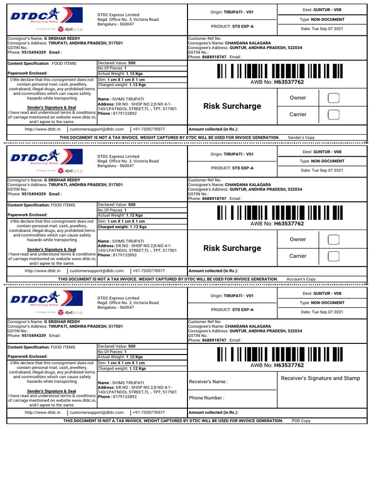 Risk Surcharge: AWB No: H63537762 Owner Carrier | PDF | Mail | Trade