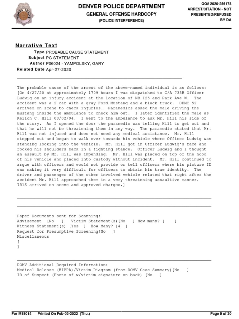 Keilon Hill Probable Cause Statement | PDF | Arrest | Crime & Violence