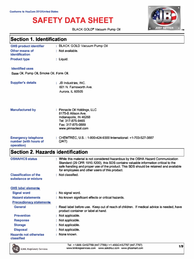 JB Black Gold Vacuum Pump Oil SDS | PDF | Labor Relations | Working ...