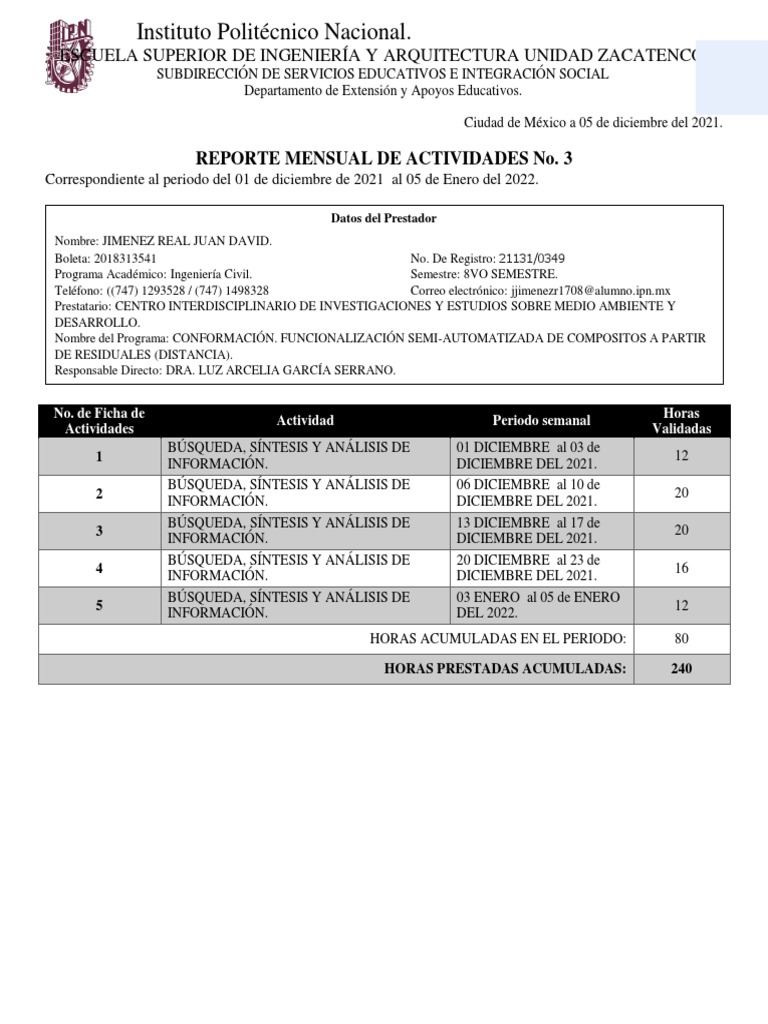 Reporte Mensual Periodo 3-Jimenez Real Juan David | PDF