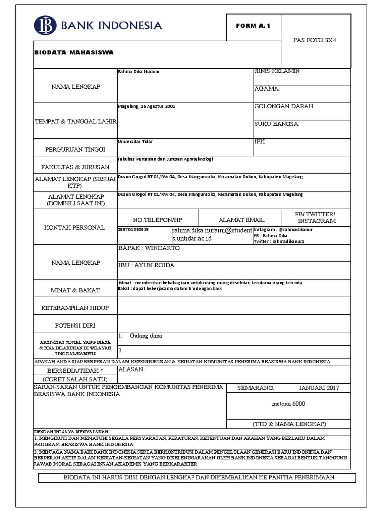 Form A1 Beasiswa Bi | PDF