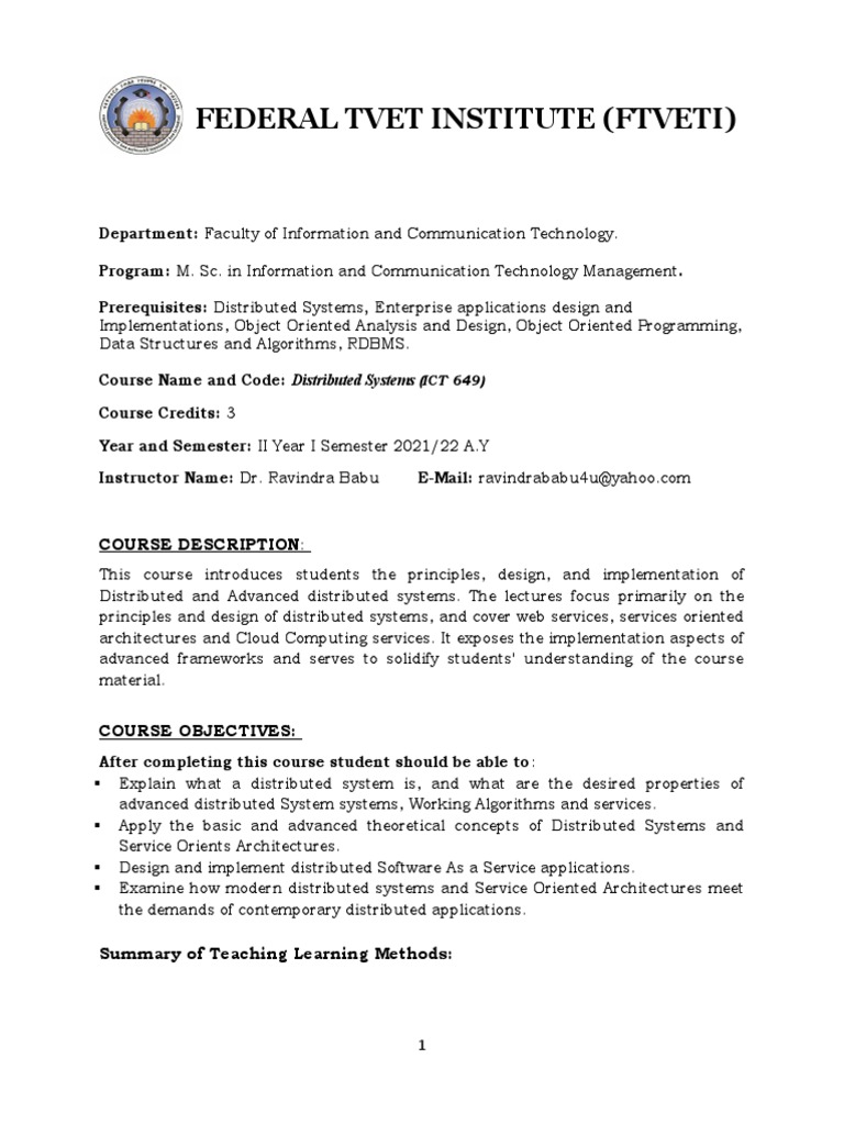 Federal Tvet Institute (Ftveti) : Course Description | PDF | Service ...