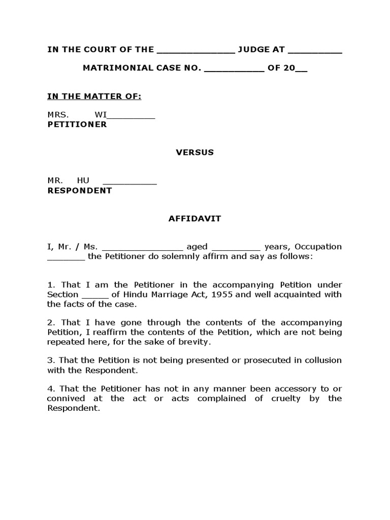 Affidavit To Be Filed With Divorce Petition Under Section 13 | PDF ...