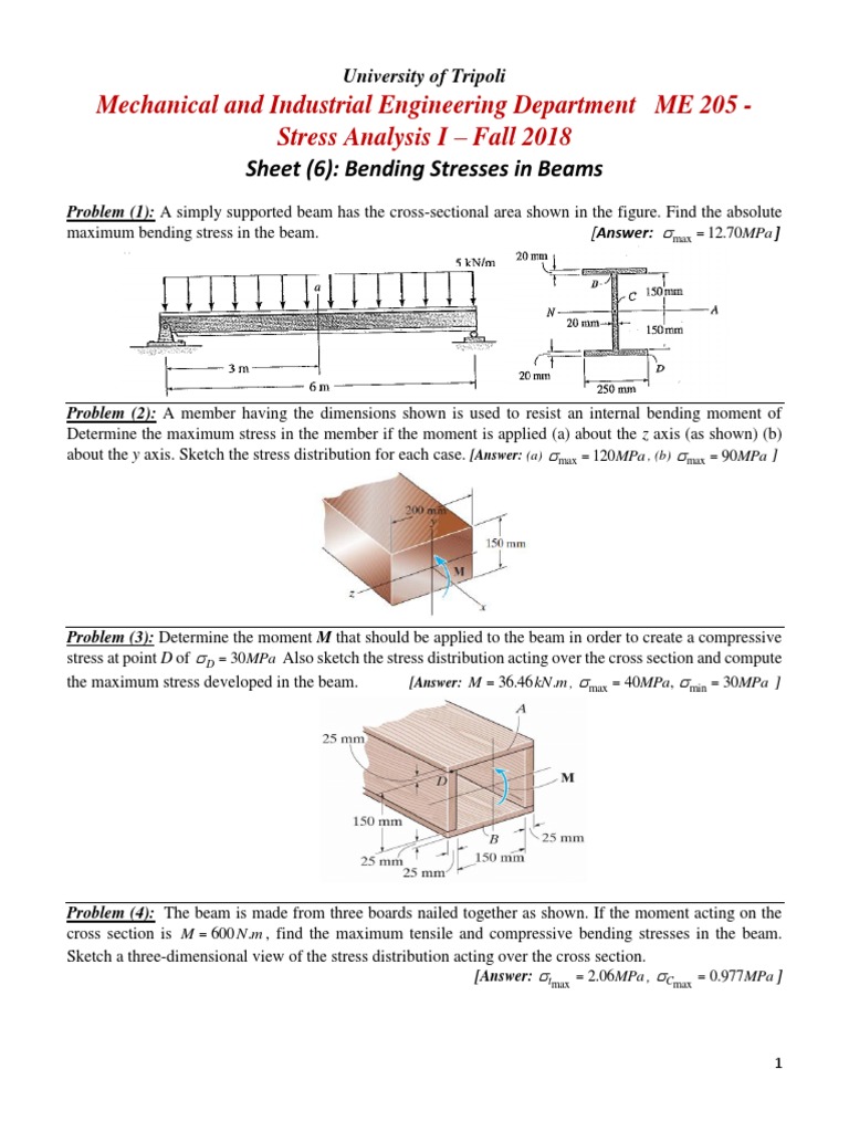 ME205 - Fall 2018 - Sheet 6 - Pure Bending Stress in Beams | PDF | Beam ...