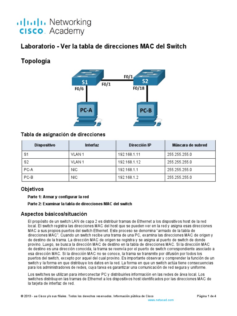 7.3.7 Lab - View The Switch Mac Address Table - Es XL | PDF | Conmutador de red | Redes de ...