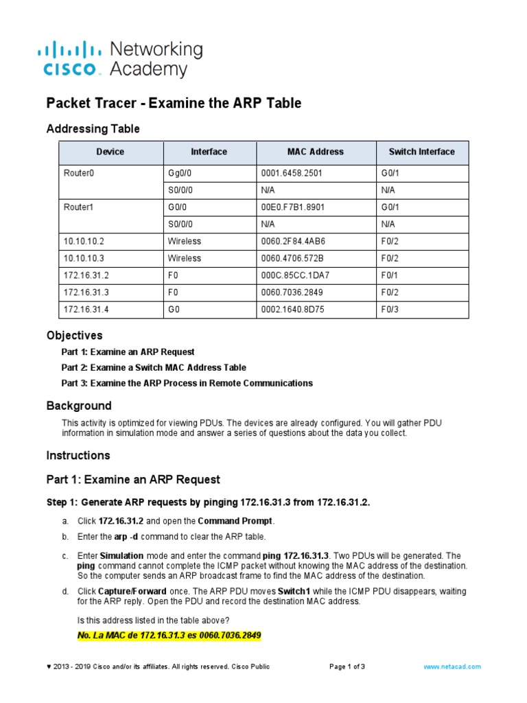 Packet Tracer - Examine The ARP Table | PDF | Information And ...