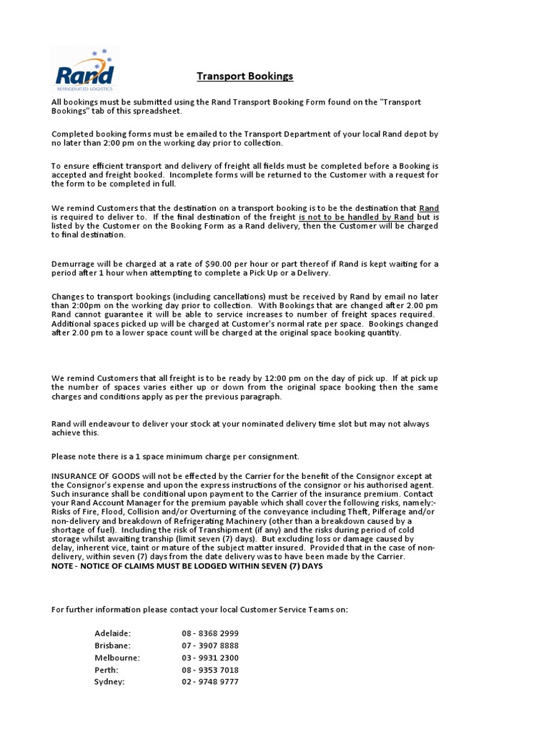 Delivery Booking Order Template in Excel Format1 | PDF | Legal ...