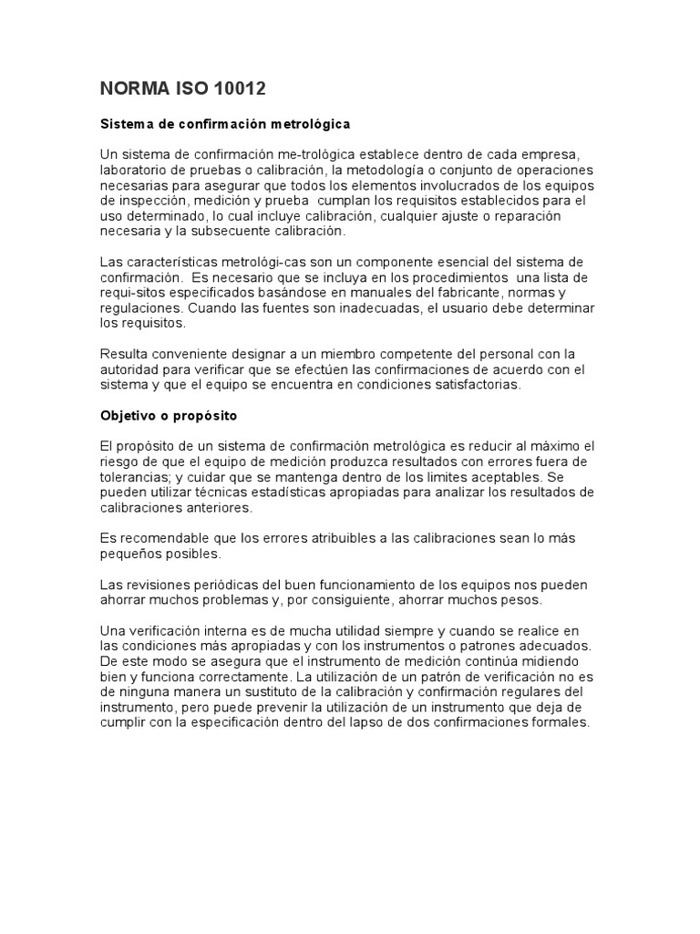 Norma Iso 10012 - Sistema de Confirmacion Metrologica | PDF