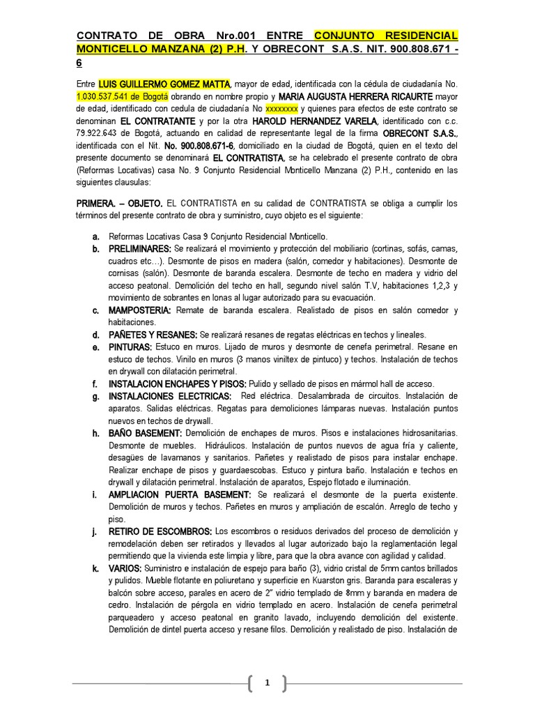 Contrato de Reforma Casa Monticello | PDF | Póliza de seguros | Consentimiento