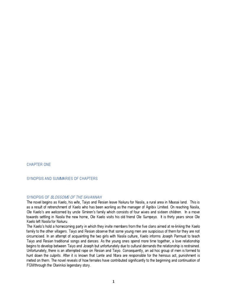 Chapter One Synopsis and Summaries of Chapters: Blossoms of The Savannah | PDF