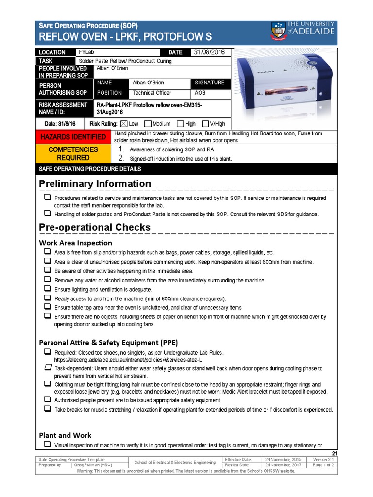 SOP Plant LPKF Protoflow Reflow Oven EM315 31aug2016 | PDF | Personal ...