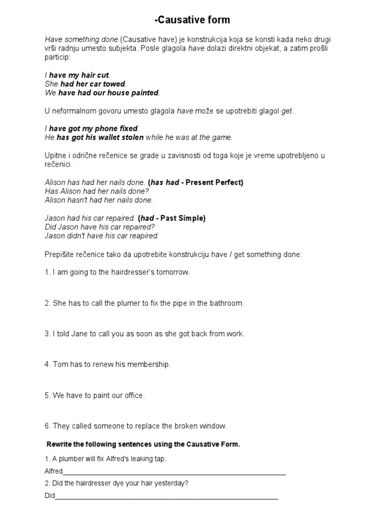 Causative Form: Rewrite The Following Sentences Using The Causative Form | PDF | Linguistics ...