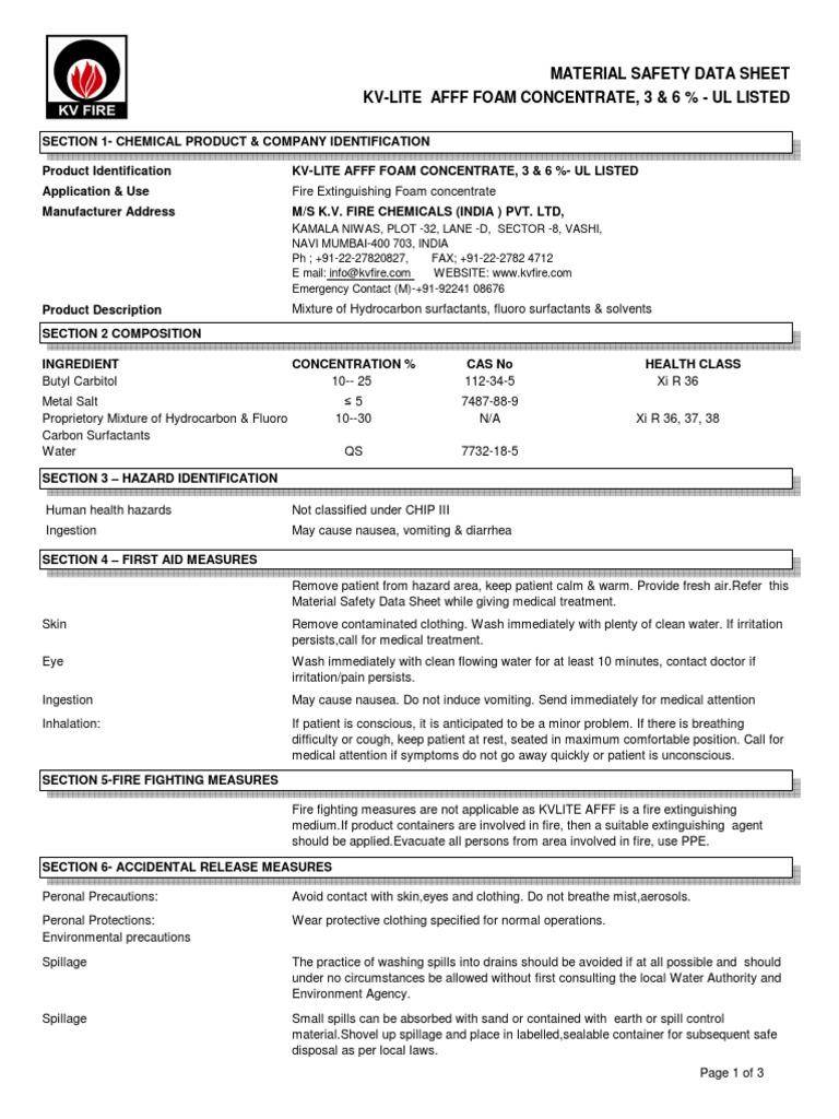 Material Safety Data Sheet Kv-Lite Afff Foam Concentrate, 3 & 6 % - Ul ...