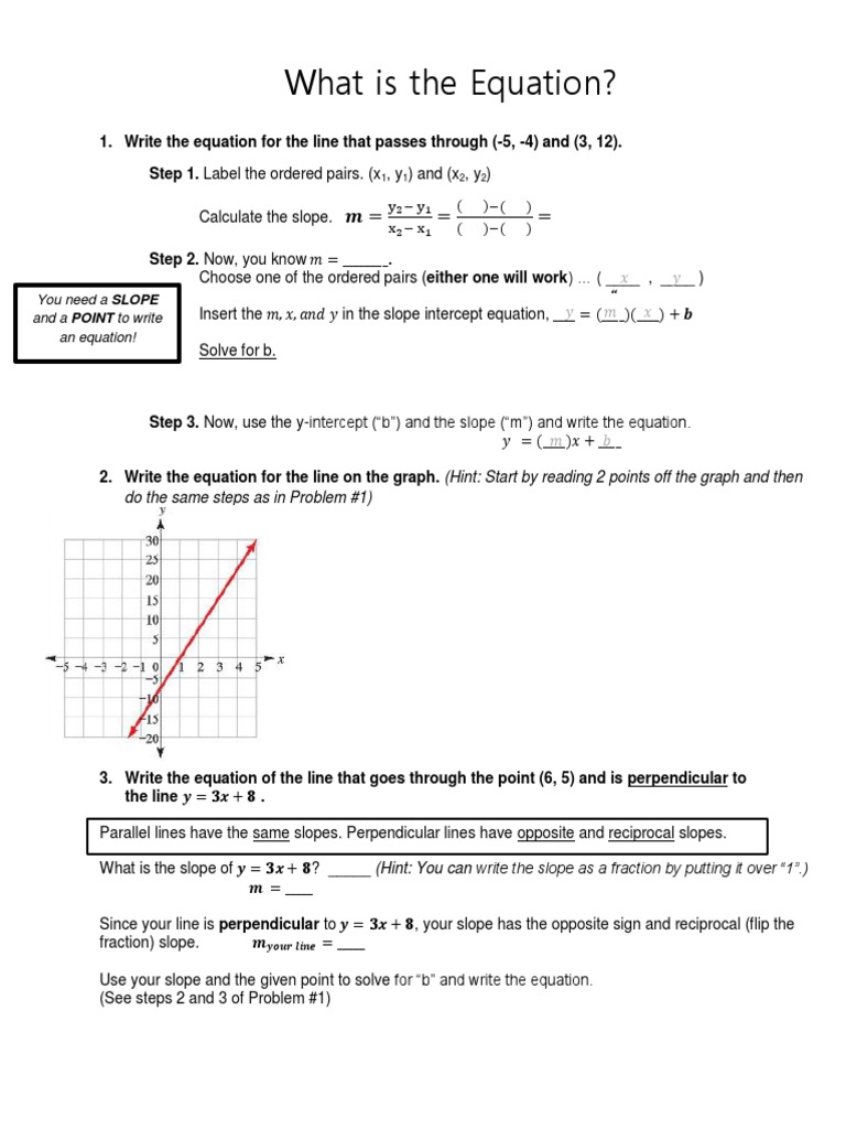 Equations of Lines Worksheet: Finding Equations of Lines from Graphical ...