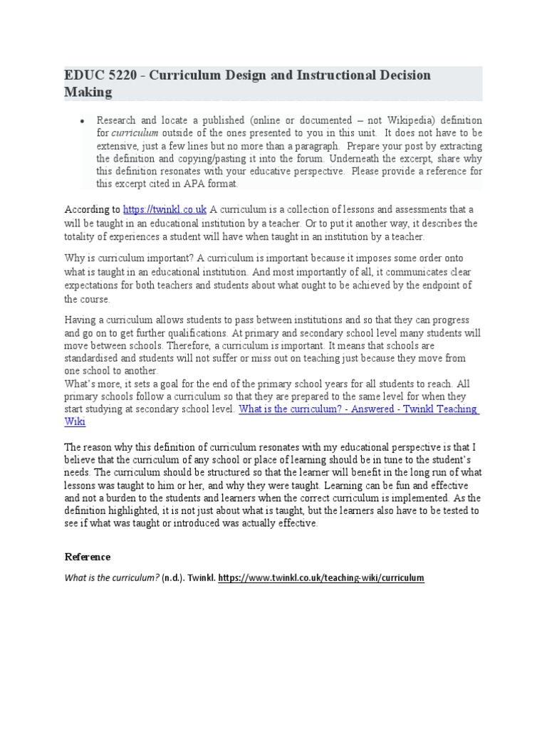Educ 5220 Curriculum Design - Discussion 1 | Download Free PDF | Curriculum | Teachers