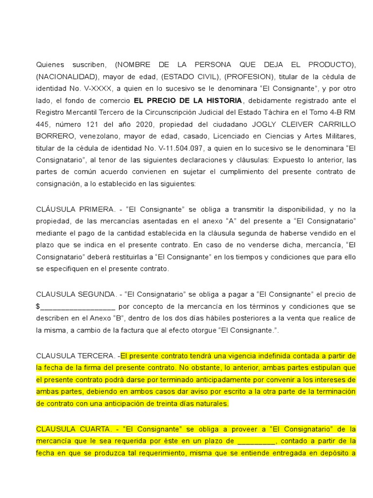 Contrato de consignación de mercancía entre un consignante y un ...