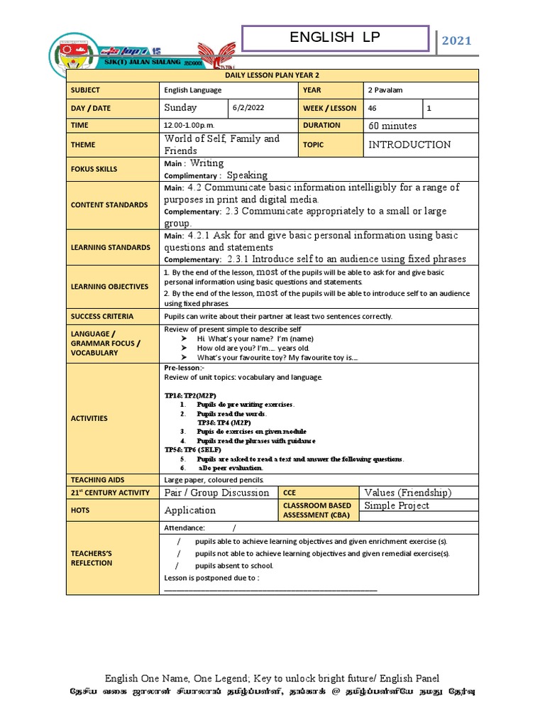 English LP Year 2 Daily Lesson Plan on Self Introduction | PDF ...