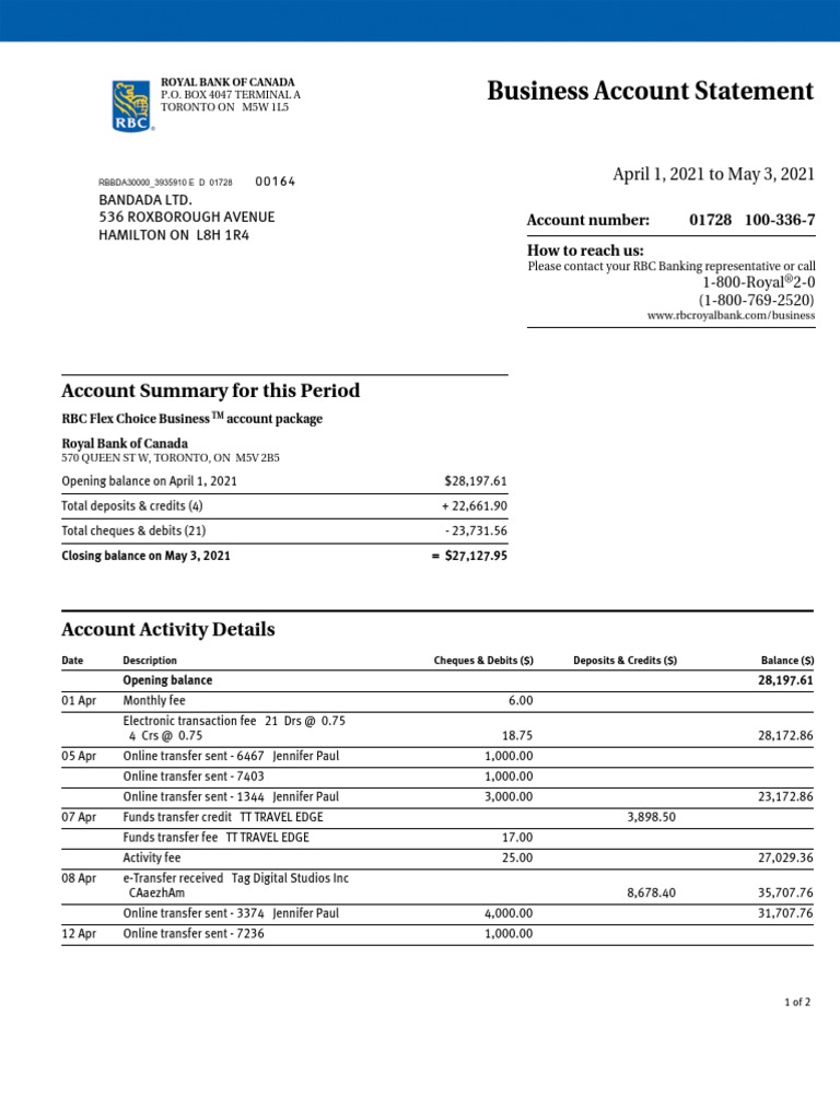 Business Account Statement: Account Summary For This Period | PDF ...