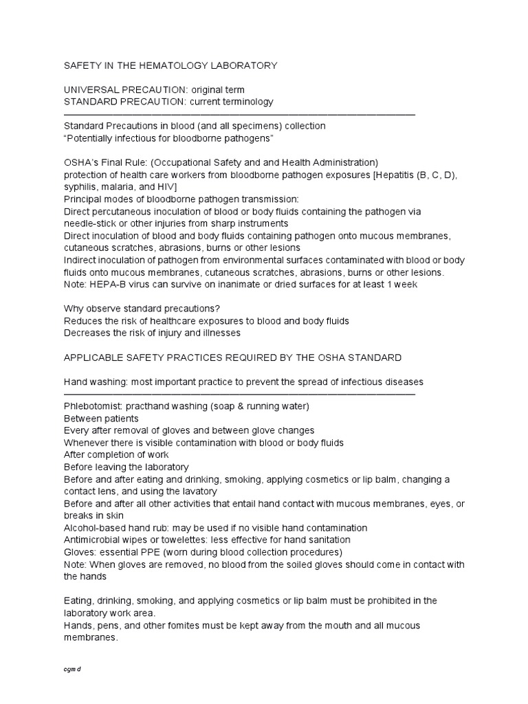 Hematology - Safety in Hema Lab | PDF | Clinical Medicine | Epidemiology