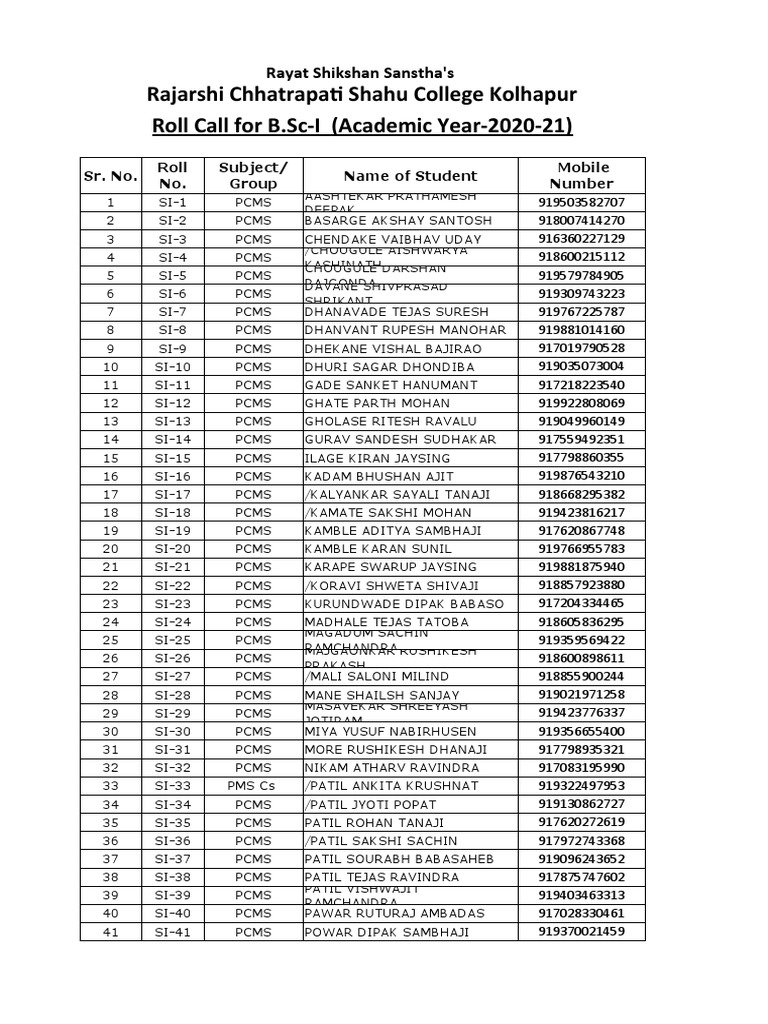 Rajarshi Chhatrapati Shahu College Kolhapur Roll Call For B.Sc-I ...