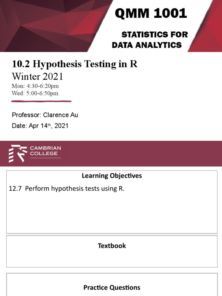 QMM1001 - 10.2 Hypothesis Testing in R | PDF | P Value | Statistical ...