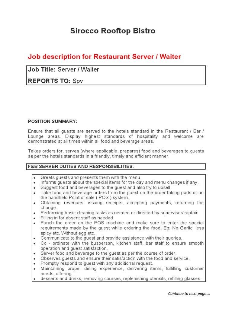 Job Description For Restaurant Server | PDF | Waiting Staff | Point Of Sale