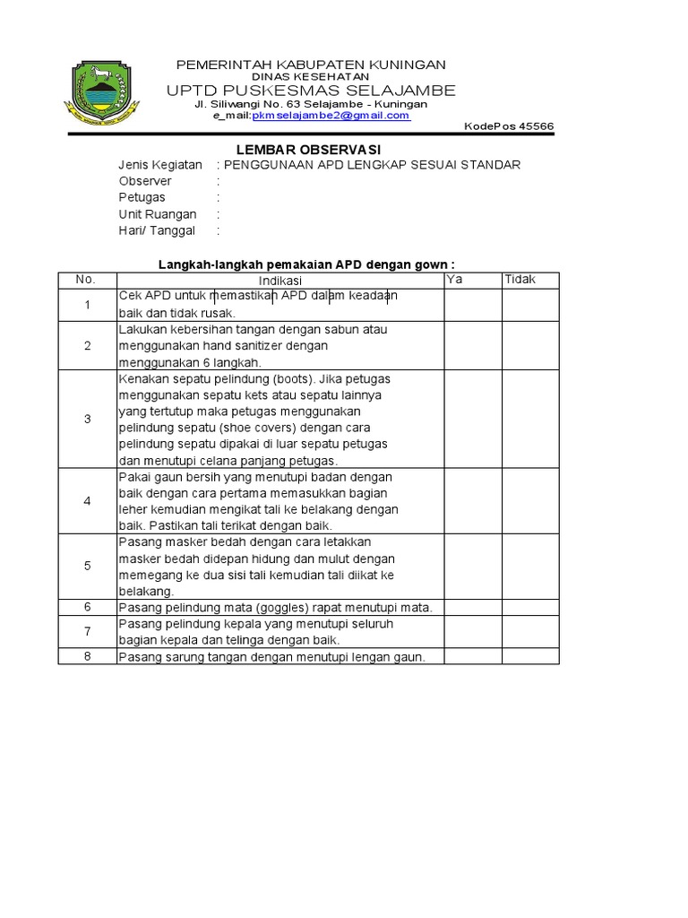 Lembar Observasi PENGGUNAAN APD LENGKAP SESUAI STANDAR | PDF