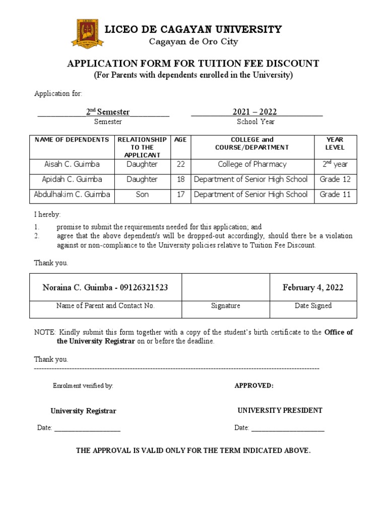 Form 2020 Application Form For Tuition Fee Discount | PDF