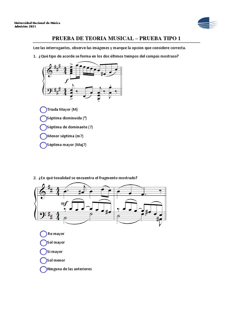 UNM - EA2021 - Teoria Musical - Prueba Tipo 1 - Superior | PDF