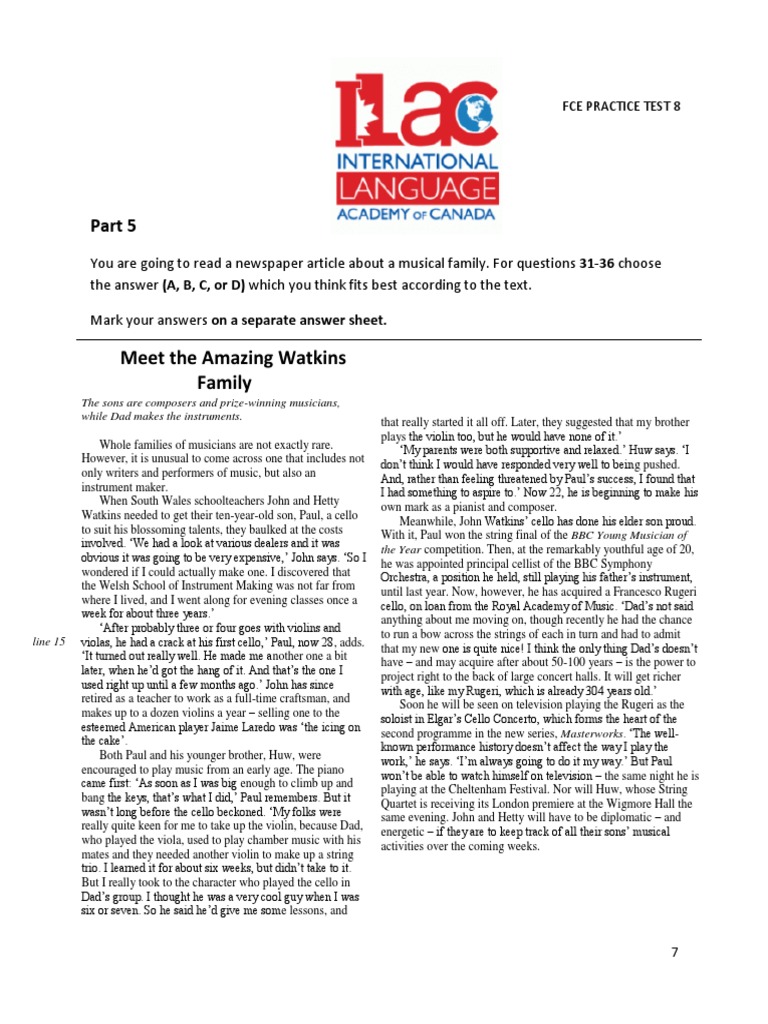 Ilac Practice Test Fce 8 - Booklet (08-13) | PDF | Cello | Viola