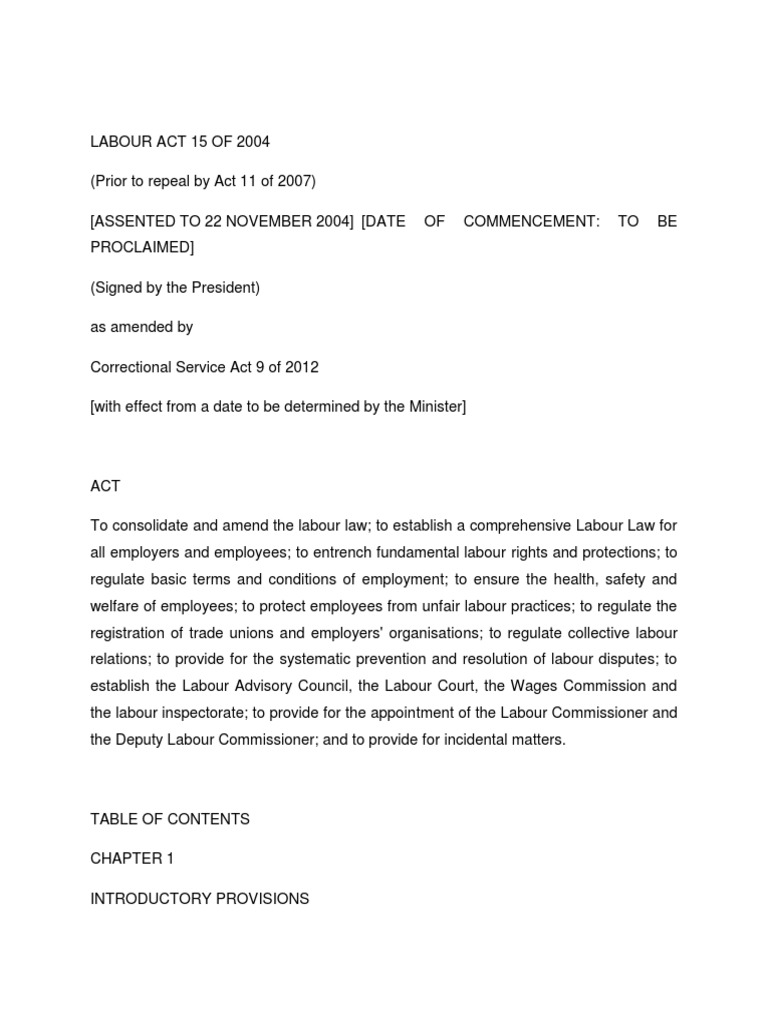 Namibian Labour Act 15 of 2004 | PDF | Labour Law | Employment