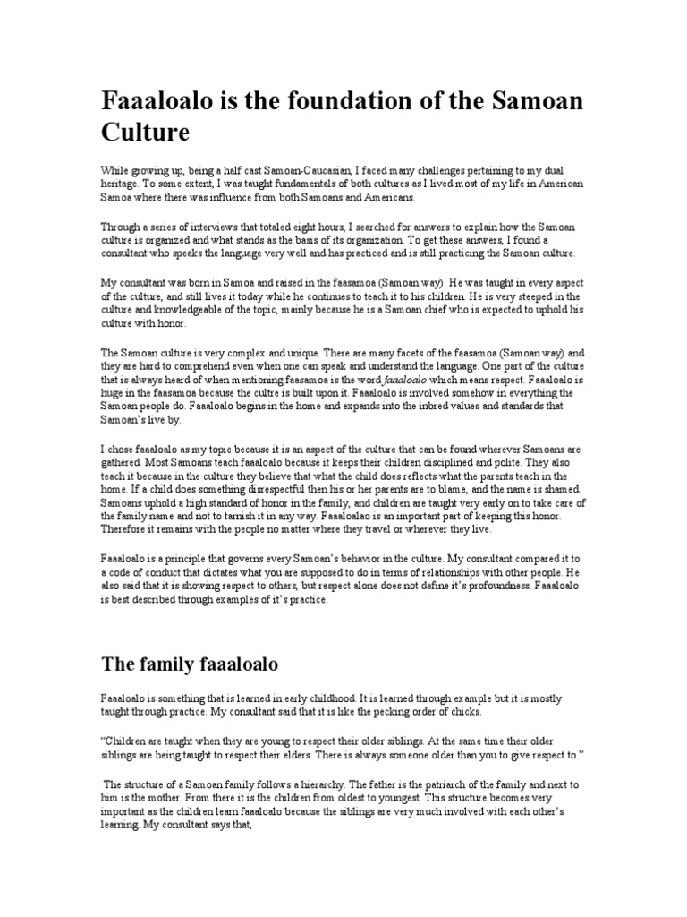 Faaaloalo Is The Foundation of The Samoan Culture | PDF | Family | Samoa