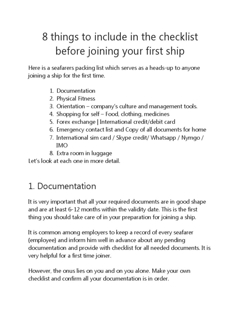 Topic 14 Checklists Prior Boarding A Ship | PDF | Ships