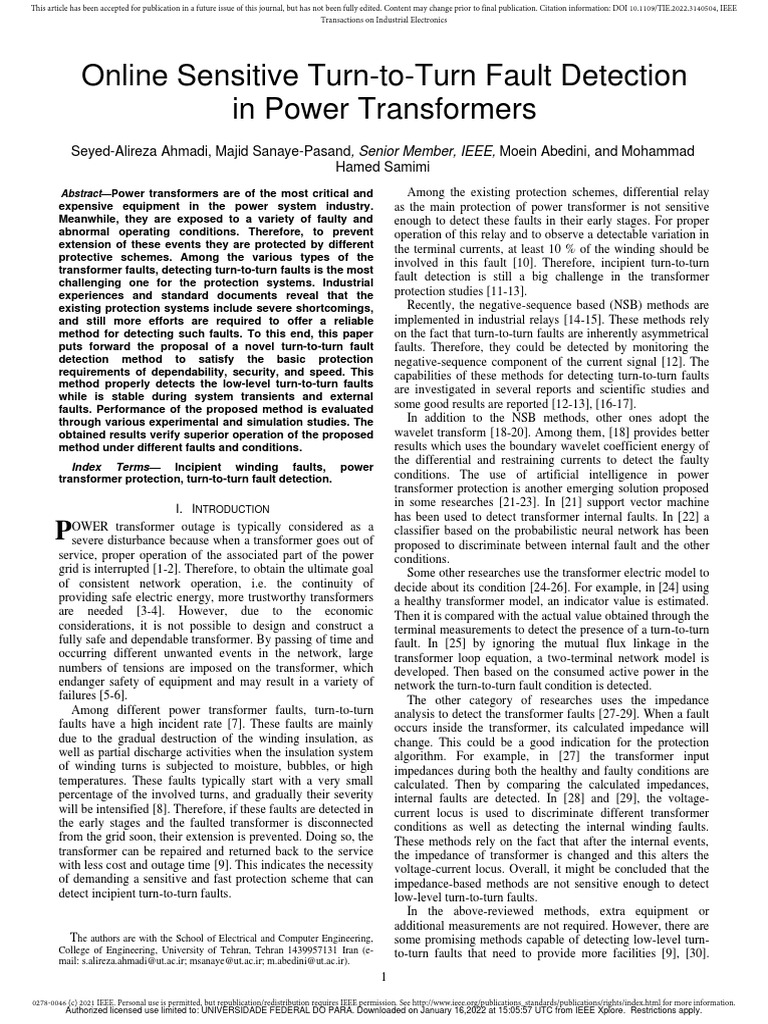 Online Sensitive Turn-To-Turn Fault Detection in Power Transformers | PDF | Transformer ...