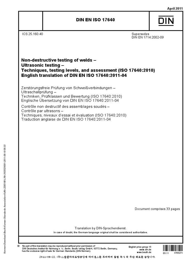 Din en Iso 17640: April 2011 | PDF | Nondestructive Testing | Welding