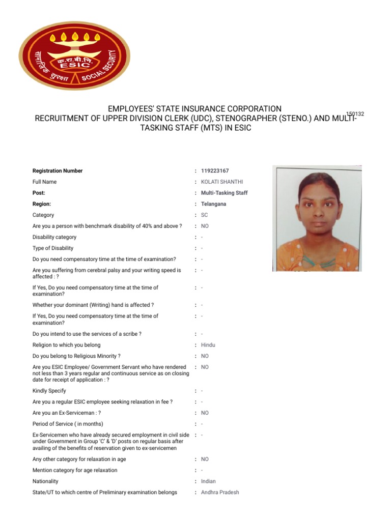 ESIC MTS Application: Kolati Shanthi | PDF | Fee