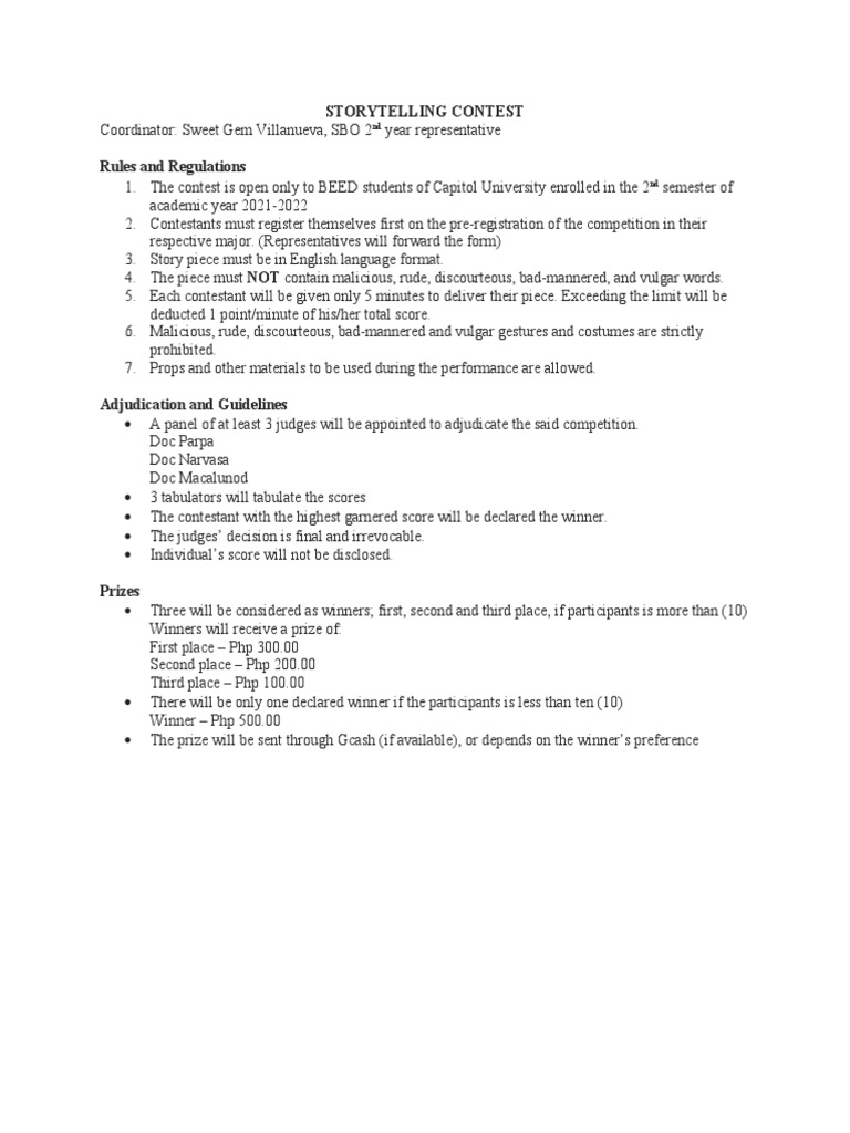 Storytelling Contest Rules and Regulations | PDF | Cognition | Human ...