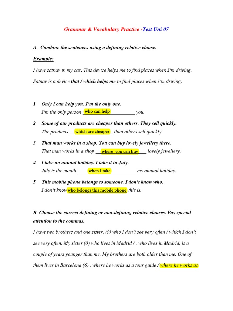 Grammar & Vocabulary Test Uni 07 | PDF | Language Arts & Discipline ...