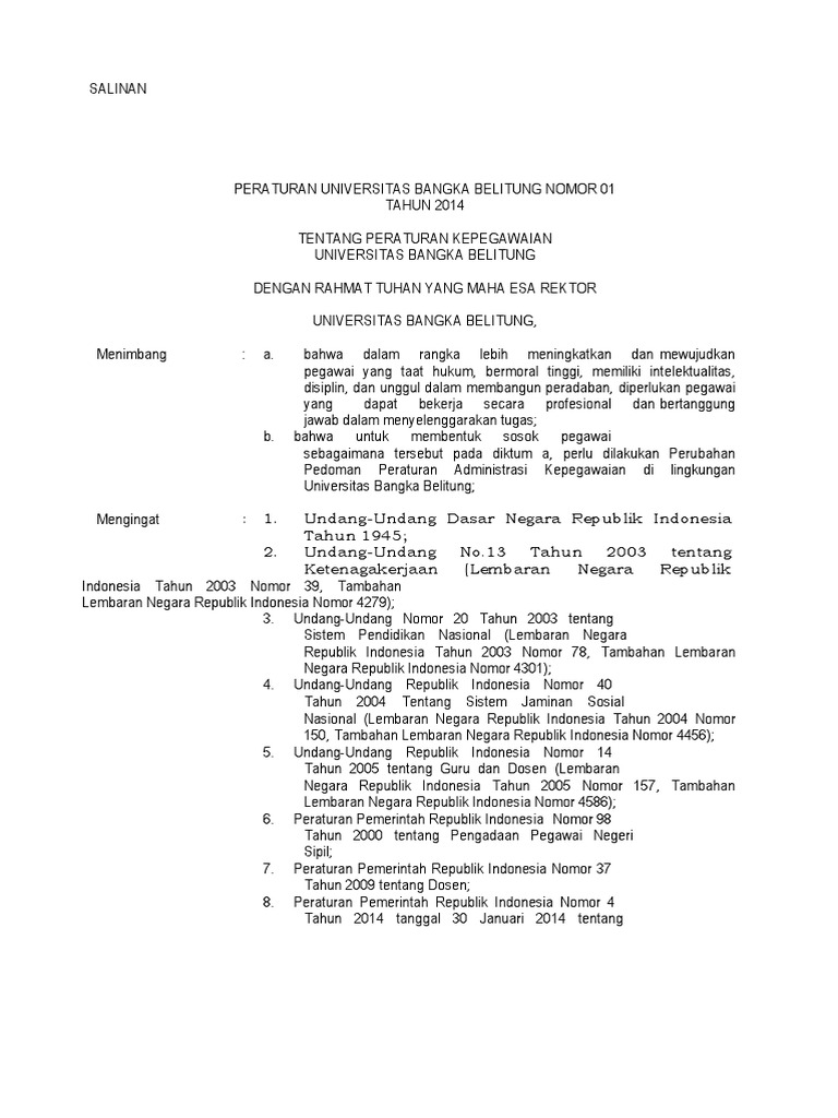 Peraturan Rektor Tentang Peraturan Kepegawaian UBB 2014 | PDF