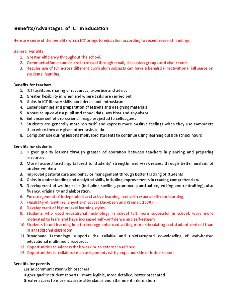 Benefits and Advantages of ICT in Education | PDF | Educational ...