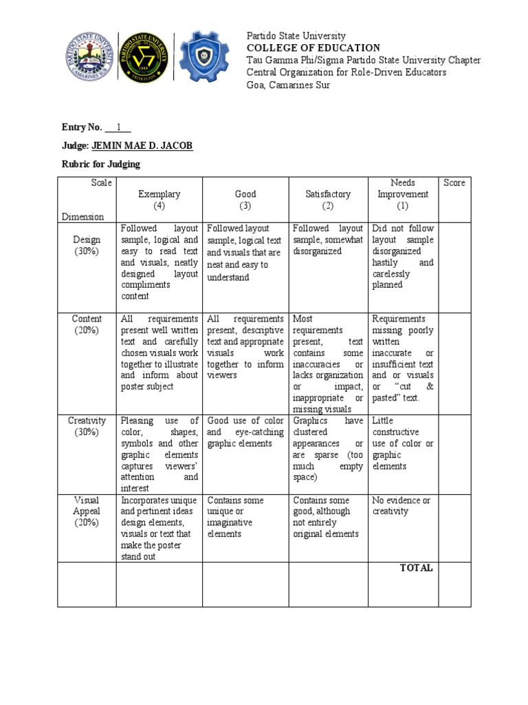 Entry No. - 1 - Judge: Jemin Mae D. Jacob Rubric For Judging | PDF ...