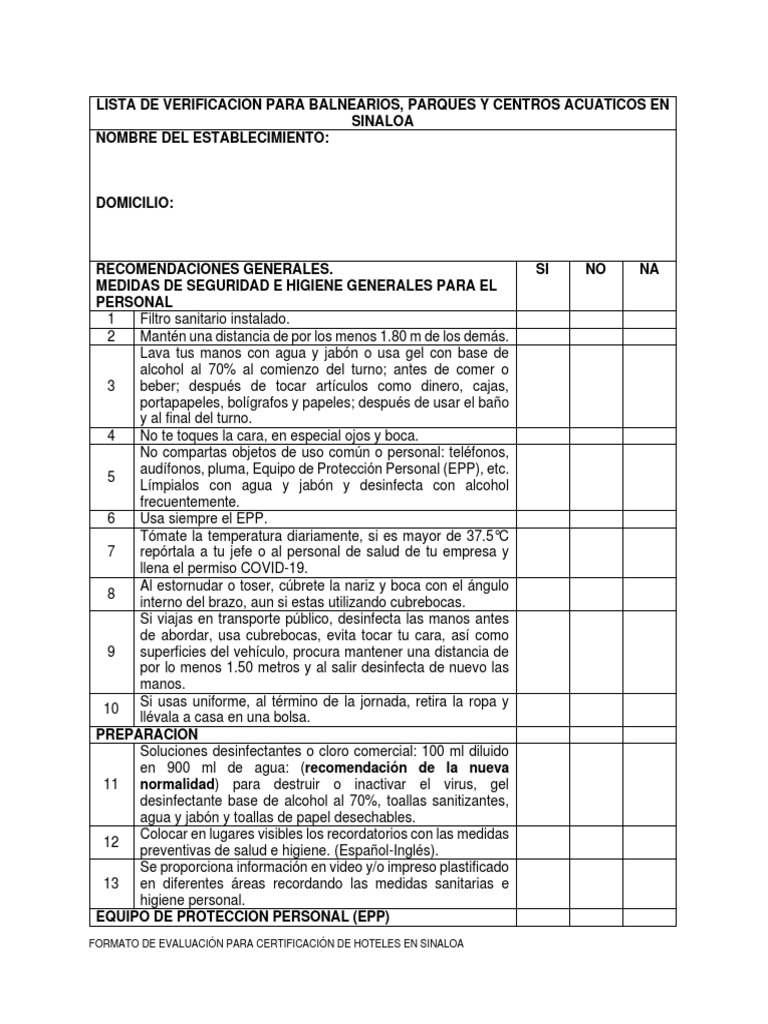 Check List para Verificacion Balnearios y Centros Acuaticos | PDF ...