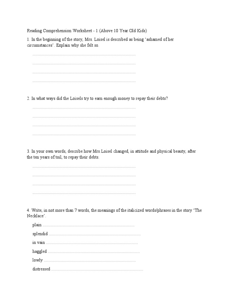 The Necklace Reading Comprehension Worksheet | PDF
