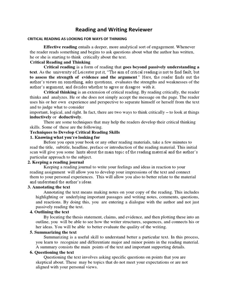 Reading and Writing Reviewer | PDF | Résumé | Critical Thinking