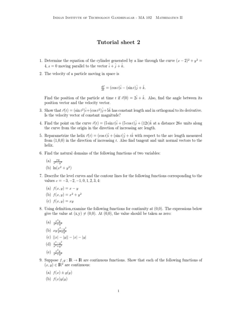 Tutorial Sheet 2: Indian Institute of Technology Gandhinagar - MA 102 Mathematics II | Download ...