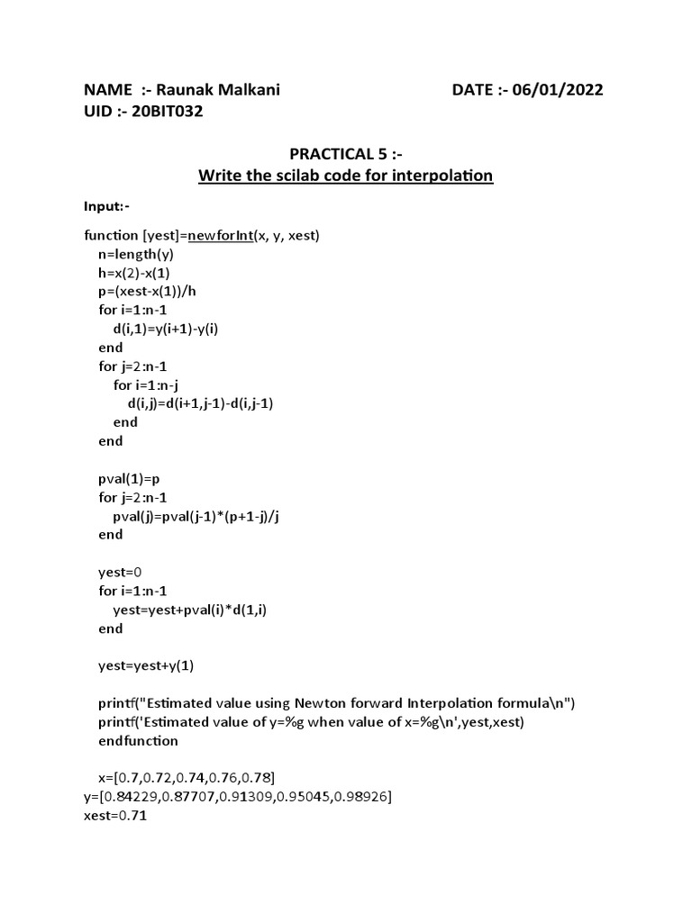 NAME:-Raunak Malkani DATE: - 06/01/2022 UID: - 20BIT032 Practical 5: - Write The Scilab Code For ...