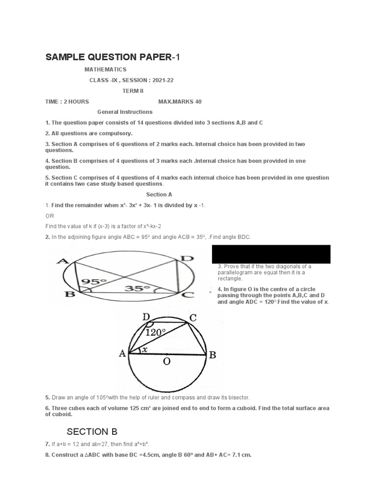 Class 9 Math Sample Paper 2021-22 | PDF | Area | Rectangle