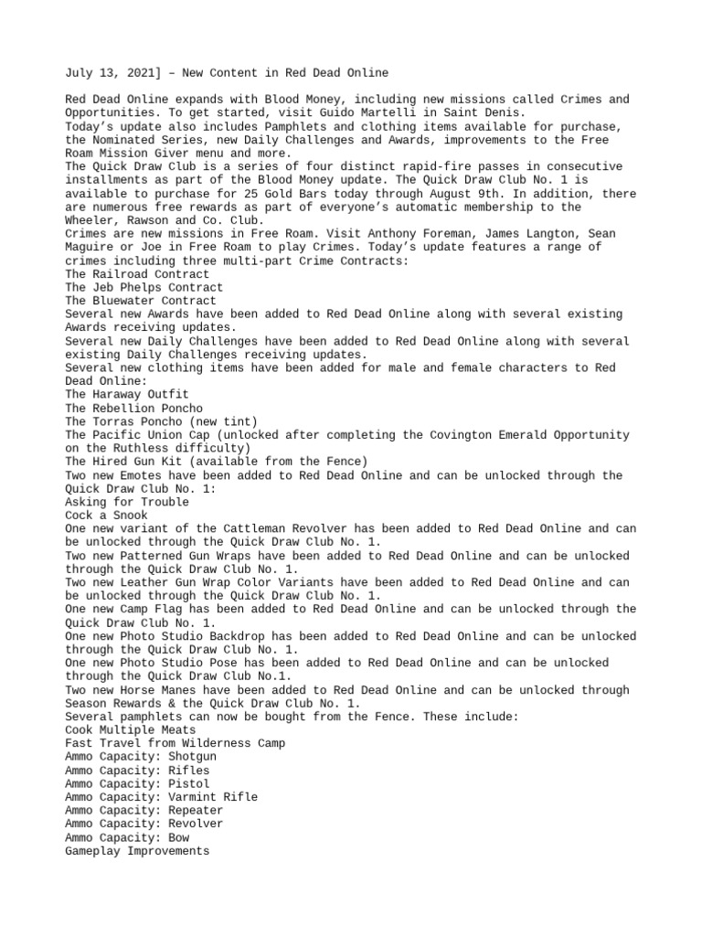 RDR2 Title Update 1.25 Notes (PS4 Xbox One PC Stadia) | PDF | Menu