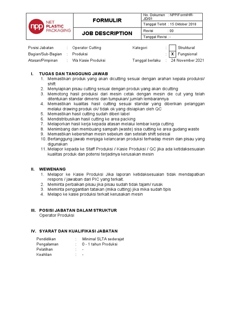 Deskripsi Pekerjaan Operator Cutting | PDF