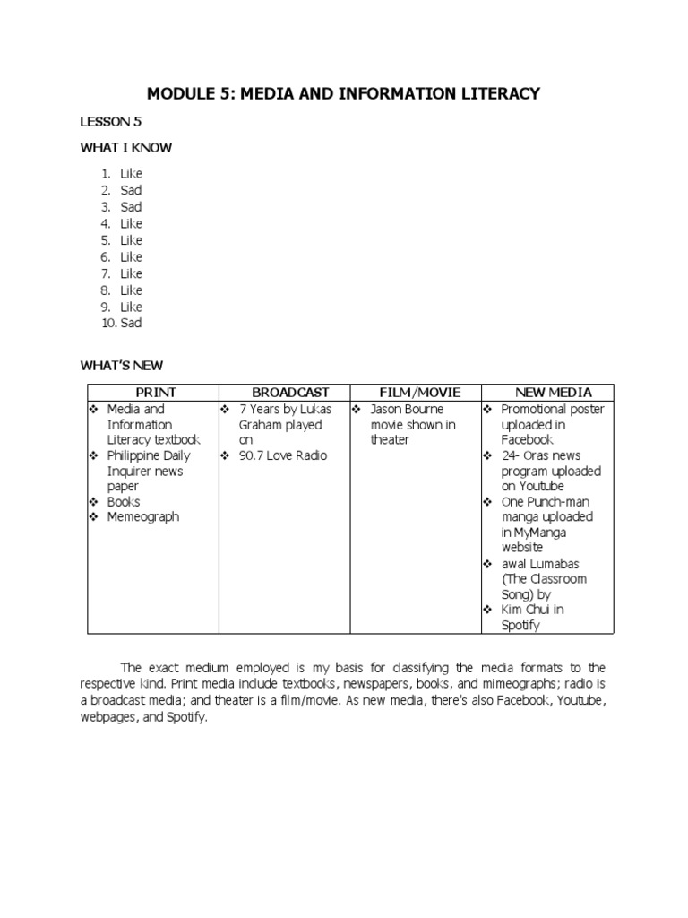 Module 5: Media and Information Literacy: Lesson 5 What I Know | PDF ...